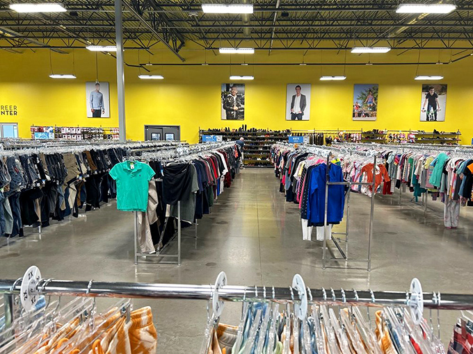 The clothing section stretches toward the horizon like a Texas highway, each rack a potential goldmine of fashion finds.