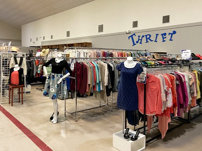 Fashion displayed with dignity, not desperation. Those mannequins are working harder than most runway models to showcase second-chance style.