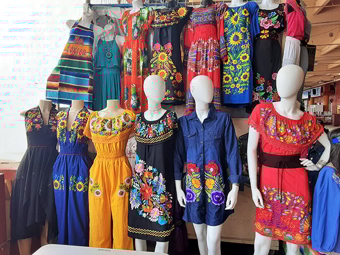 A riot of embroidered color! These traditional Mexican dresses transform ordinary errands into impromptu fiestas&mdash;grocery shopping has never looked so festive.