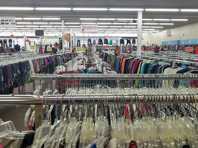 The women's clothing section stretches to the horizon. Each hanger holds not just fabric but possibilities—and maybe that perfect interview outfit for just $5.