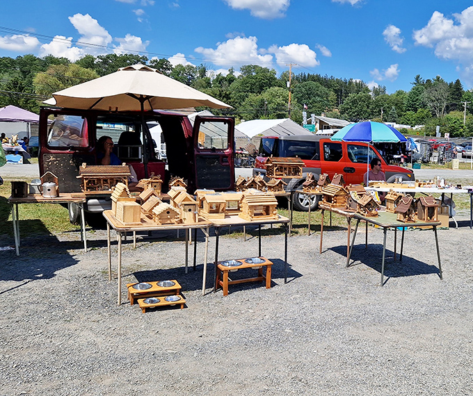 Miniature craftsmanship on display. These handmade wooden birdhouses would make even Frank Lloyd Wright do a double-take.