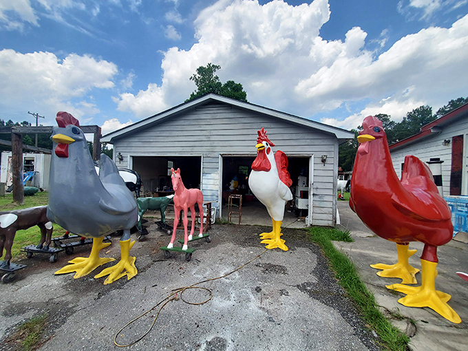 The poultry patrol stands ready for duty. These oversized roosters and hens would make Colonel Sanders do a nervous double-take.