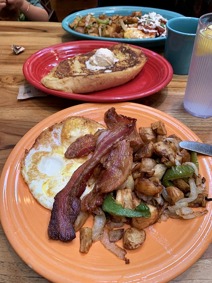 The breakfast trinity: perfectly cooked eggs, crispy bacon, and potatoes that have clearly been shown the proper respect. Simple pleasures executed with reverence.