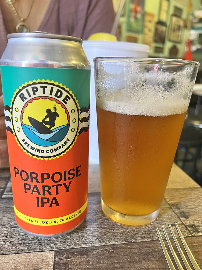 Nothing complements fresh seafood like a cold craft beer. This Riptide Brewing Porpoise Party IPA is having its own little celebration in that glass.