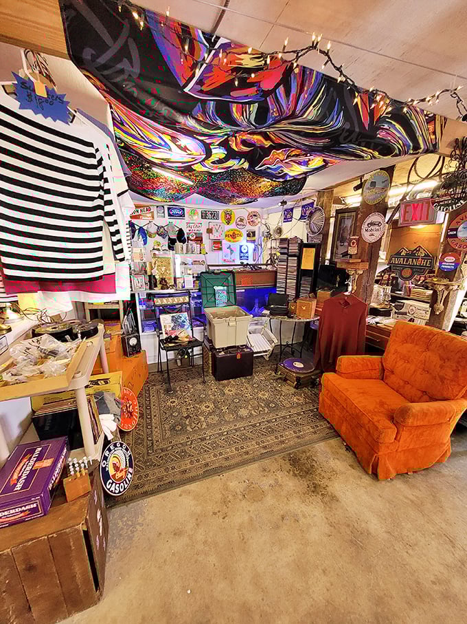 This vendor booth looks like what would happen if your coolest relative's basement decided to go into business. That orange armchair has stories to tell. 