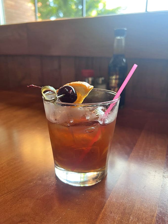 The kind of classic cocktail that Don Draper would order while plotting his next big ad campaign &ndash; amber liquid, cherry garnish, and decades of Portland history.