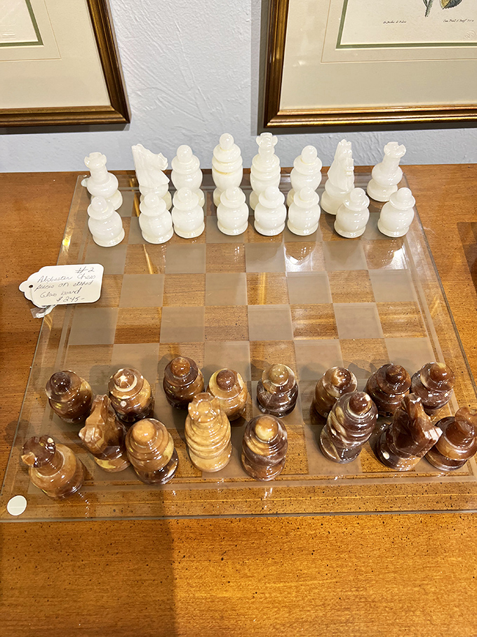 This alabaster and amber chess set isn't just a game &ndash; it's functional art that makes even a checkmate feel like a Renaissance affair.