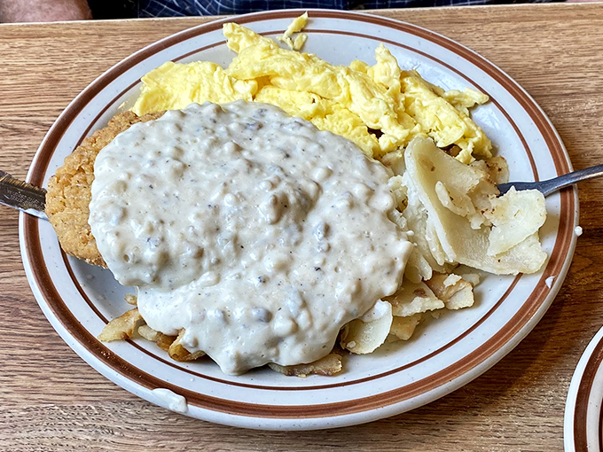 Breakfast nirvana: crispy hash browns, fluffy scrambled eggs, and that gravy again&mdash;the unofficial state condiment of Ohio. Worth setting the alarm for. 