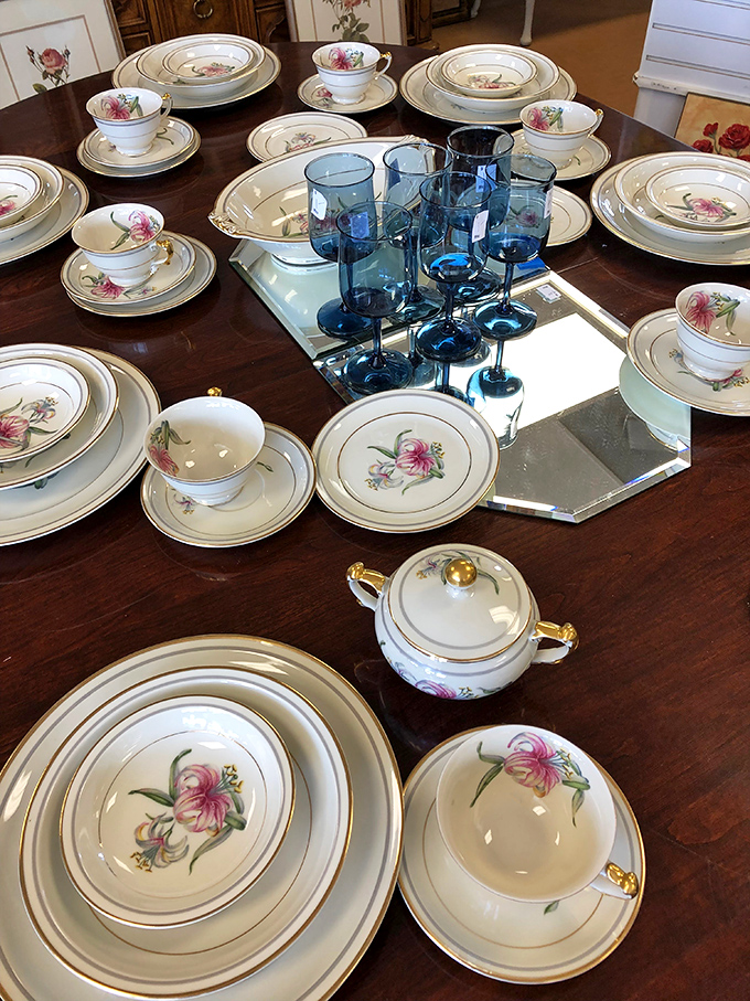 Complete sets of china&mdash;the kind your mother-in-law would approve of&mdash;often appear like domestic treasures on these well-stocked shelves.