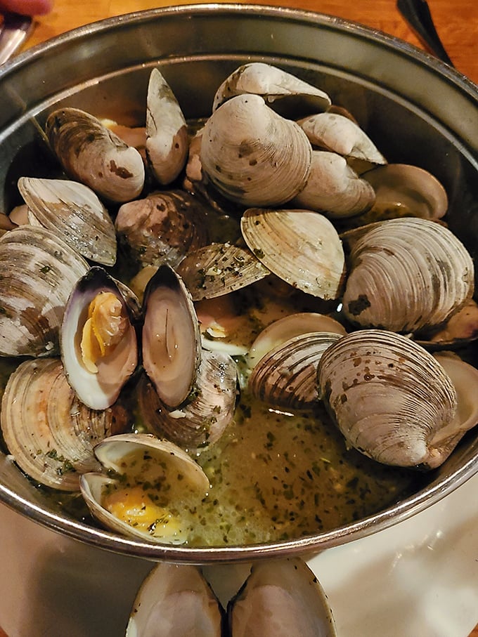 These clams aren't just steamed; they're having a spa day in herb-infused broth. Each shell opens to reveal its tender treasure within.