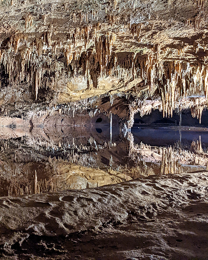 Mirror, mirror in the cave, reflecting stalactites with crystal clarity. This underground pool hasn't had a ripple in centuries.