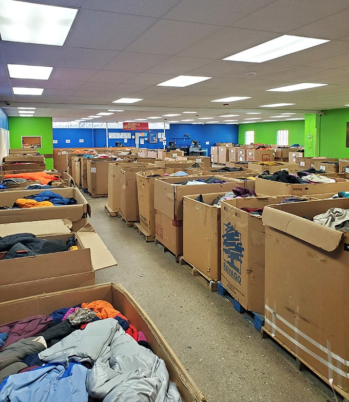 A sea of potential wardrobe reinventions awaits the patient explorer. These cardboard bins have launched countless "You got THAT at a thrift store?" conversations.