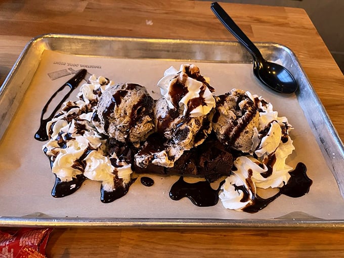 Warm cookies drowning in cream and chocolate sauce&mdash;because after conquering Mount BBQ, you deserve a sweet victory celebration.