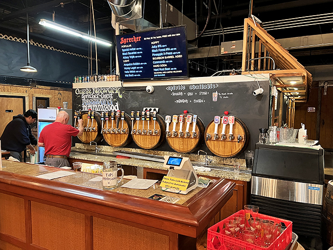 The tap wall at Sprecher is like the control panel of a happiness-generating machine. Each barrel holds a different path to contentment.