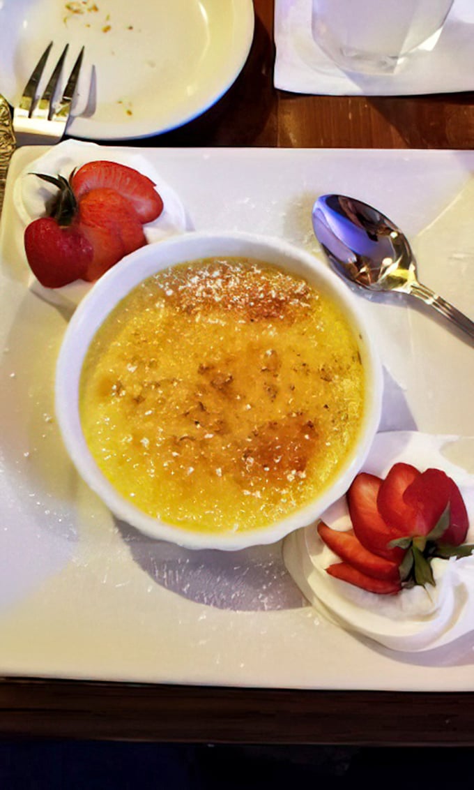 The cr&egrave;me br&ucirc;l&eacute;e's perfectly torched sugar top waits to be cracked like thin ice on a winter pond&mdash;a sweet finale worth saving room for.