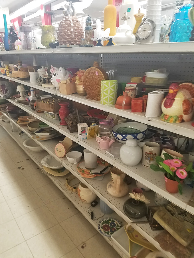 Shelves crowded with ceramic oddities and forgotten treasures&mdash;where else can you find a ceramic rooster next to a decorative pineapple?