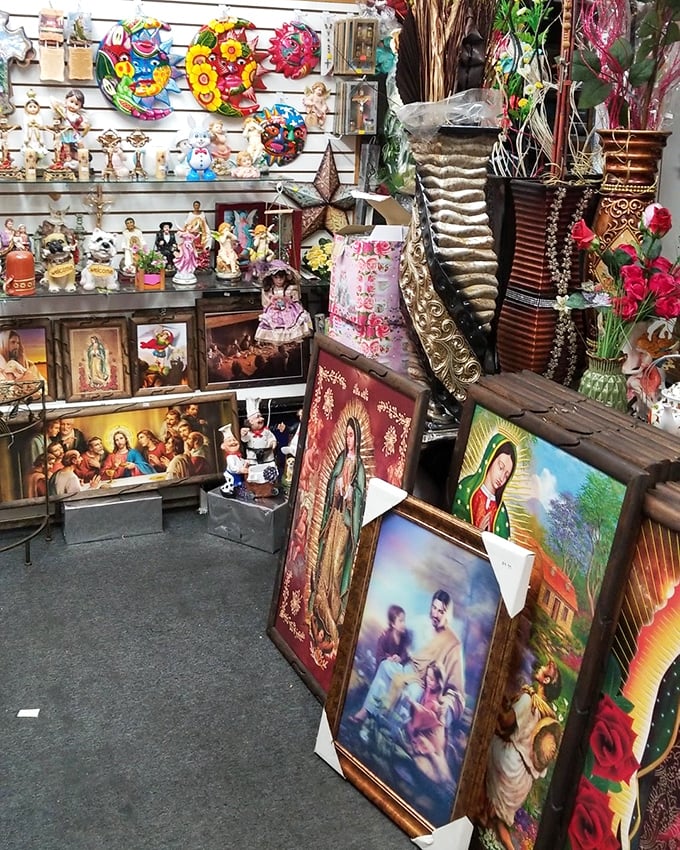 Religious iconography meets home decor in this cultural crossroads. The Virgin of Guadalupe watches over your shopping decisions with serene approval.