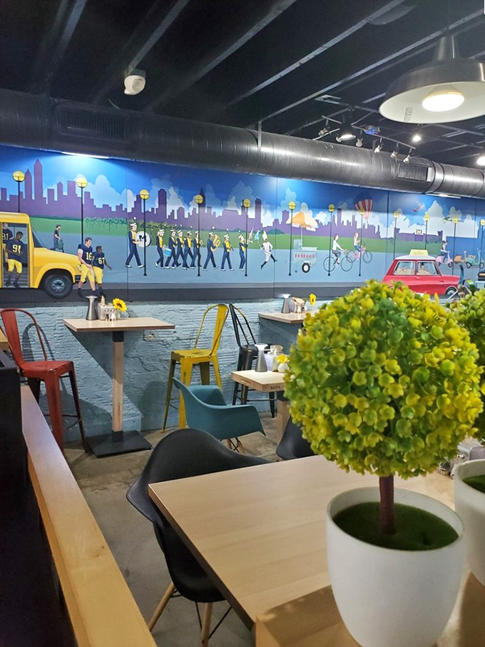 The mural-adorned dining area manages to feel both Michigan-proud and Greek-inspired&mdash;like your favorite diner took a semester abroad and came back cultured.