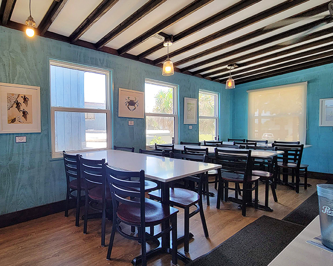 Simple tables, turquoise walls, and framed sea creatures create an atmosphere where the food&mdash;not the d&eacute;cor&mdash;takes center stage.