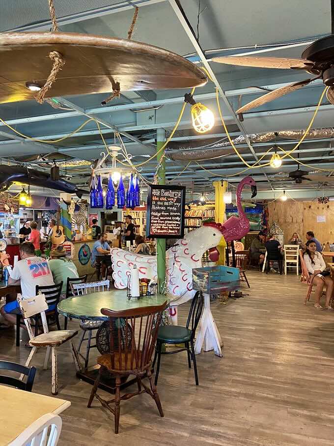 The whimsical dining room feels like eating inside a treasure chest filled with nautical dreams.