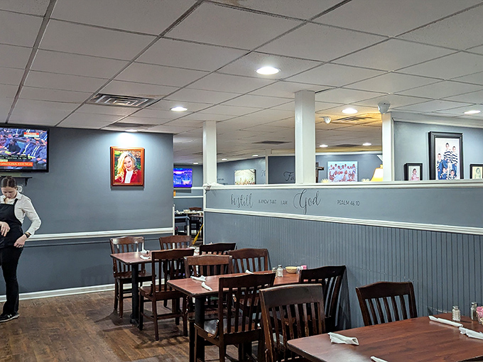 The dining area where strangers become neighbors over coffee refills. Those wooden chairs have supported generations of satisfied diners and countless food comas.