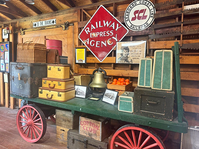Not your average luggage cart! This Railway Express Agency display showcases the beautiful practicality of travel from a time before rolling suitcases and carry-ons.