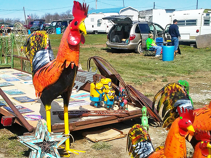 Colorful metal roosters stand proud among the merchandise menagerie. These yard art sentinels wait patiently for new kingdoms to rule.