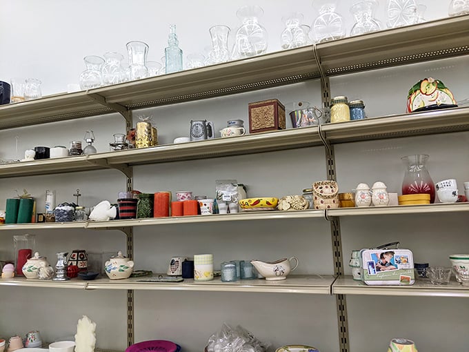 Delicate glassware and ceramic treasures line the shelves like a museum of domestic history, each piece whispering stories of dinner parties past.
