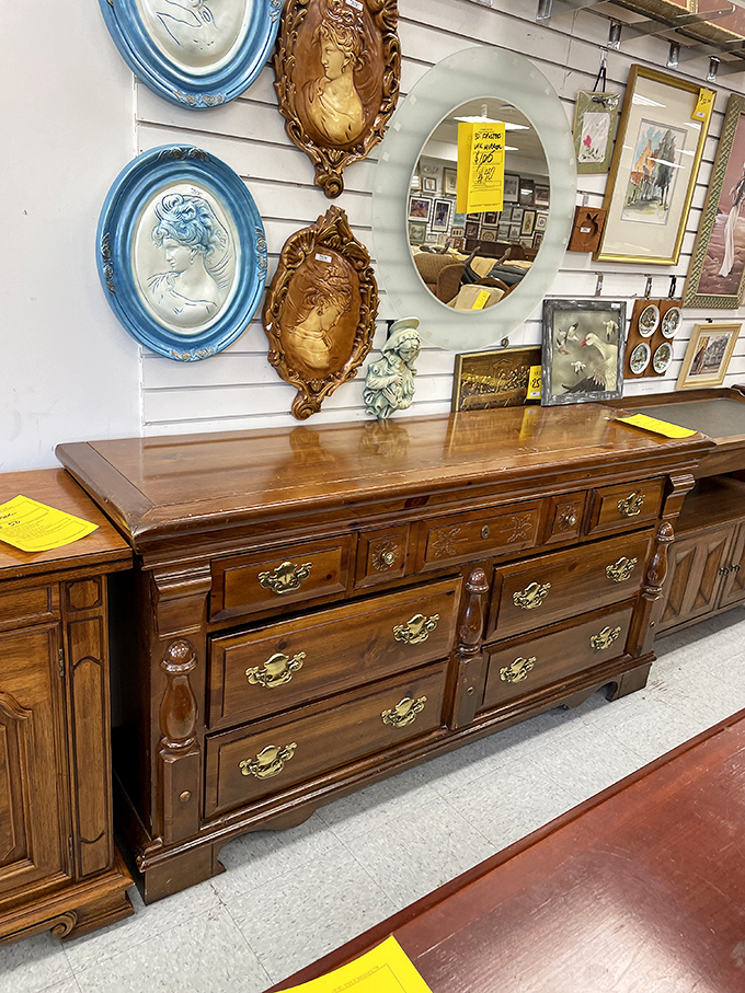 This isn't just a dresser&mdash;it's a time machine crafted from solid wood with brass handles that have been polished by decades of human touch.