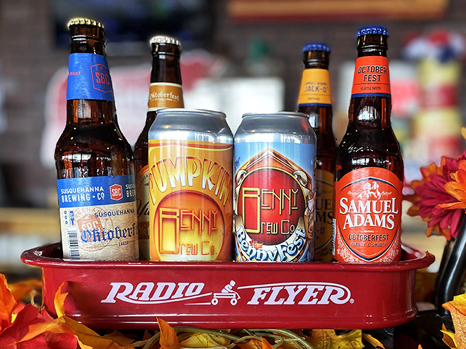 Fall flavors in liquid form! This seasonal beer lineup in a classic Radio Flyer proves Pennsylvania knows exactly how to toast the changing leaves.