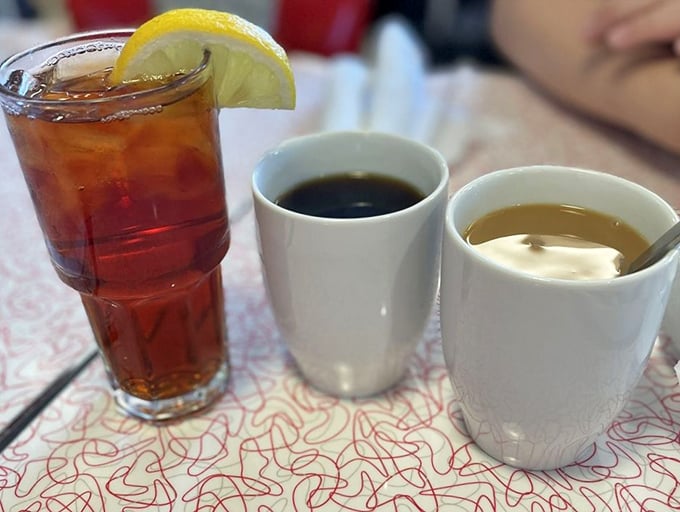 The holy trinity of diner beverages&mdash;sweet tea with lemon, coffee black as midnight, and cream-lightened coffee for the indecisive.