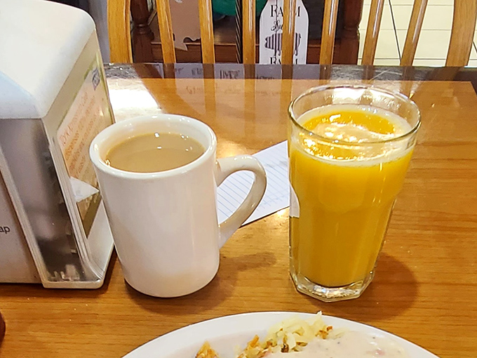 Coffee in a sturdy mug and orange juice so bright it could wake you up before you even take a sip &ndash; breakfast beverages done right.