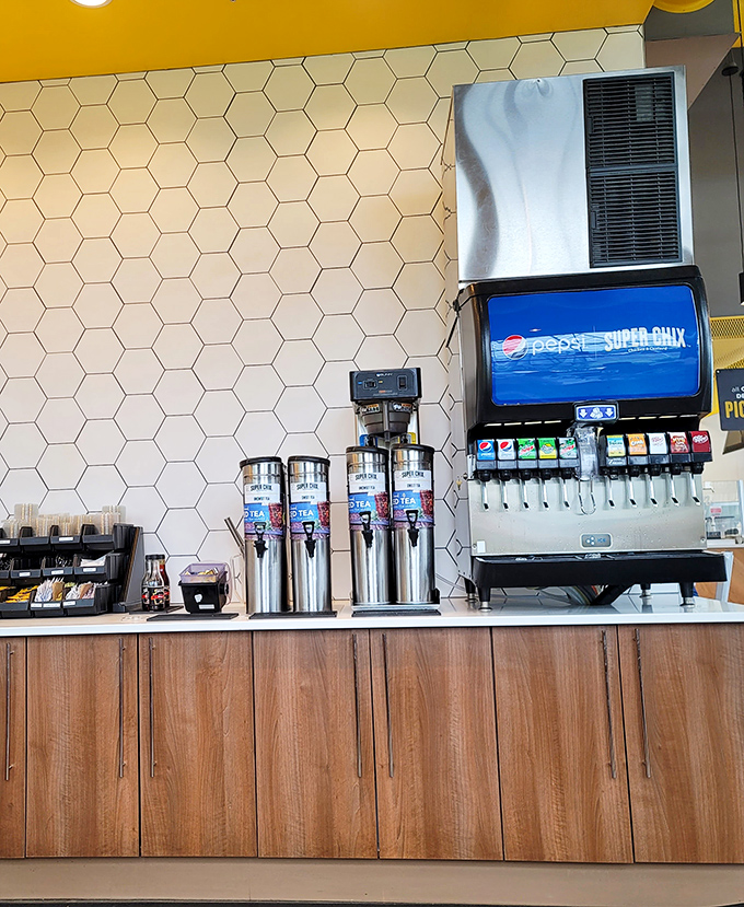 The beverage station: where decisions get made that support your chicken journey. Those hexagonal tiles add a touch of honeycomb flair.