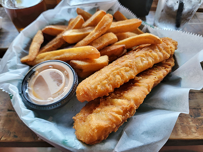 Fish and chips that would make a British pub-goer weep with joy &ndash; golden, crispy batter surrounding flaky white fish alongside perfectly fried potatoes.