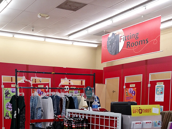 The fitting room area: that sacred space where dreams meet reality and you discover if that 1980s power suit actually works for you.