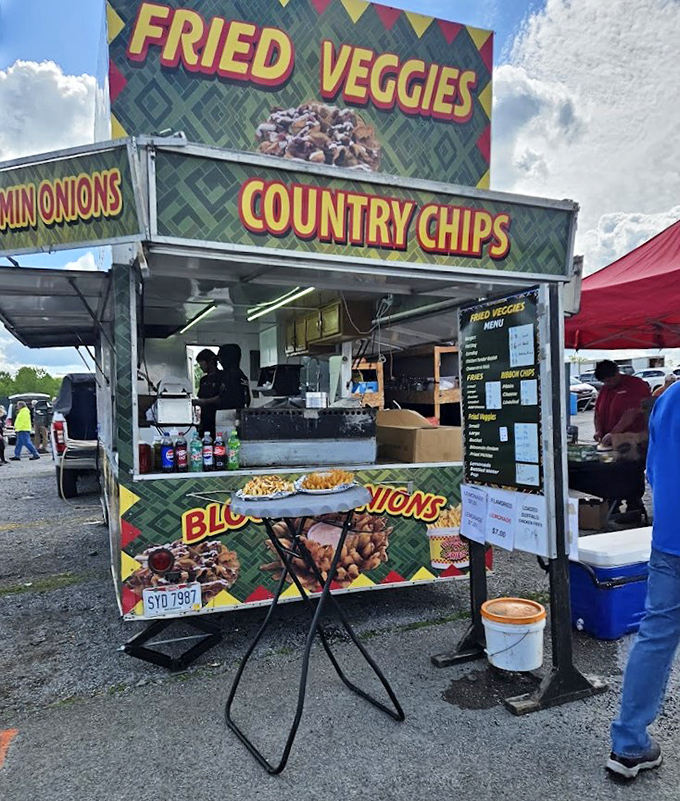 Blooming Onions and country chips! This food stand proves that diet plans were made to be forgotten at flea markets.