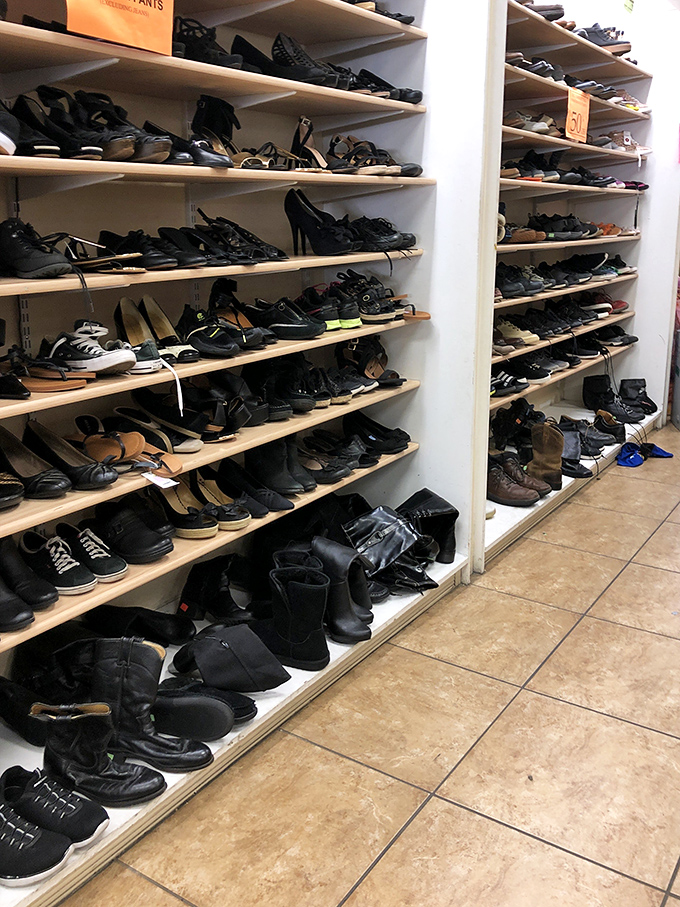 The shoe section offers everything from practical work boots to party heels, all pre-broken-in for your comfort.