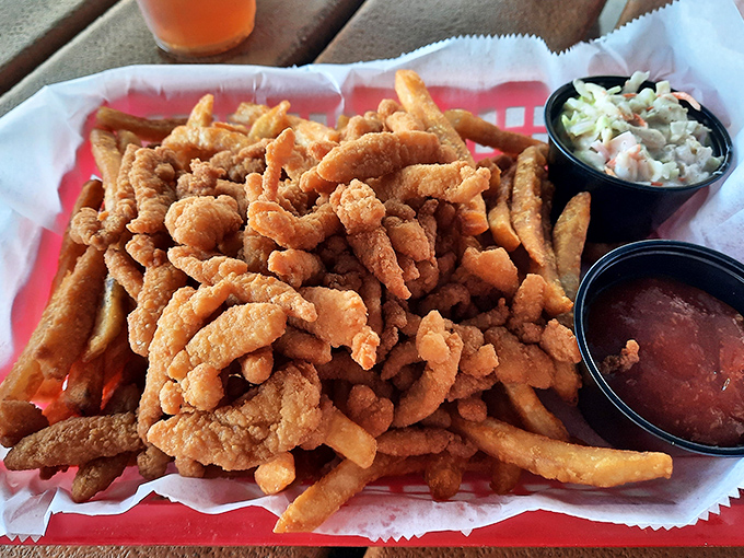 Fried clam strips and fries—the beach food equivalent of finding an extra twenty in your old jacket pocket.