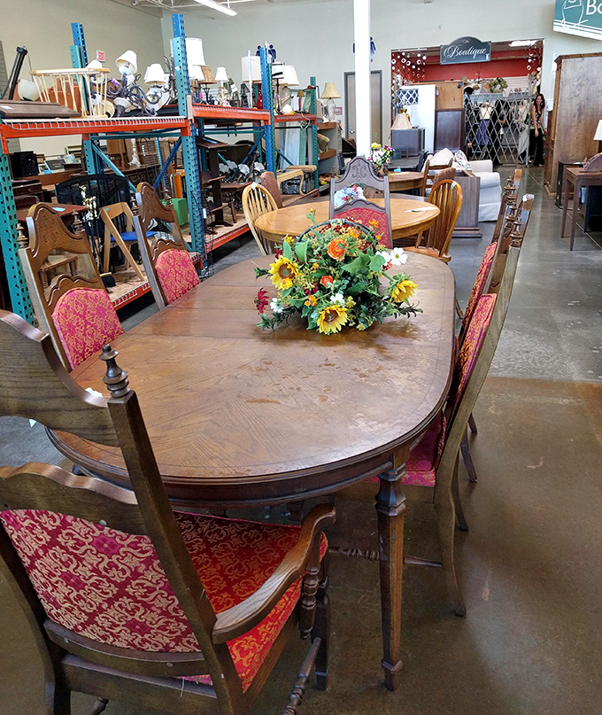Dining room sets await their second act in loving homes. This solid wood table has probably hosted countless family dinners and is ready for many more.
