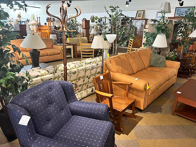 Living room sets that have seen a few Sunday football games but are ready for their next family. That blue armchair is practically begging for a new reading nook.