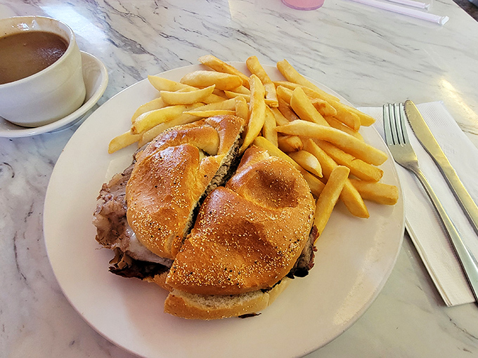The sandwich that launched a thousand return visits. That toasted roll cradles roast beef like it was born for this noble purpose.