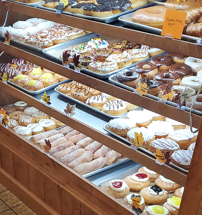 The donut case resembles a candy store for adults, with varieties that make choosing just impossible.
