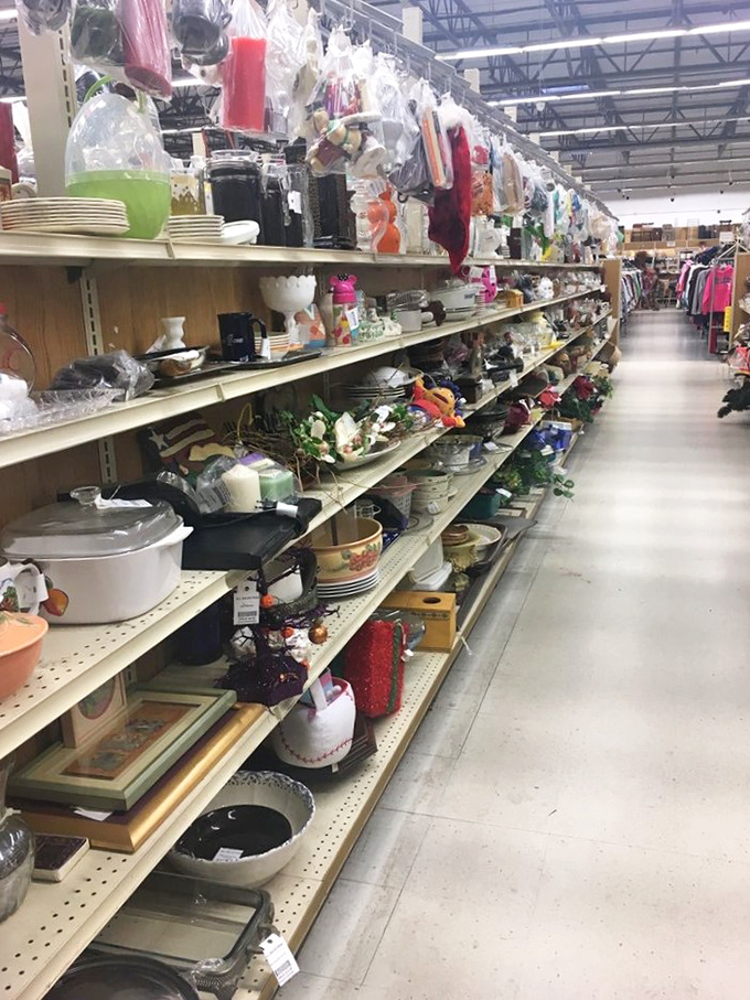Kitchen treasures line the shelves like an archaeological dig through America's culinary history. Someone's retired slow cooker is about to become your new favorite appliance.