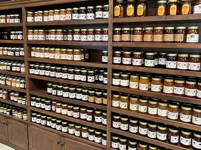 The Great Wall of Preserves. Each jar contains summer sunshine or autumn comfort, captured at peak perfection and waiting for your morning toast.
