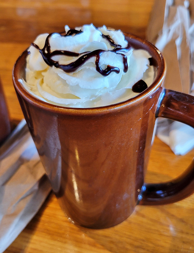 Hot chocolate that doesn't just warm your hands but hugs your soul – topped with whipped cream and chocolate drizzle for good measure.