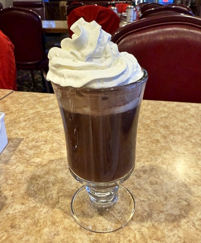 Hot cocoa that doesn't just warm your hands but restores your faith in humanity. That whipped cream mountain deserves its own zip code.