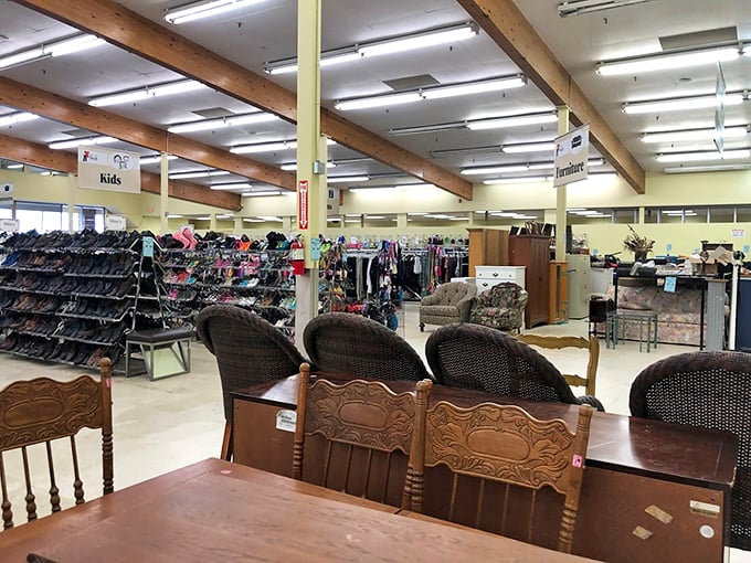 A panoramic view that would make any bargain hunter's heart skip a beat. Furniture, shoes, and clothing all peacefully coexisting in thrift harmony.