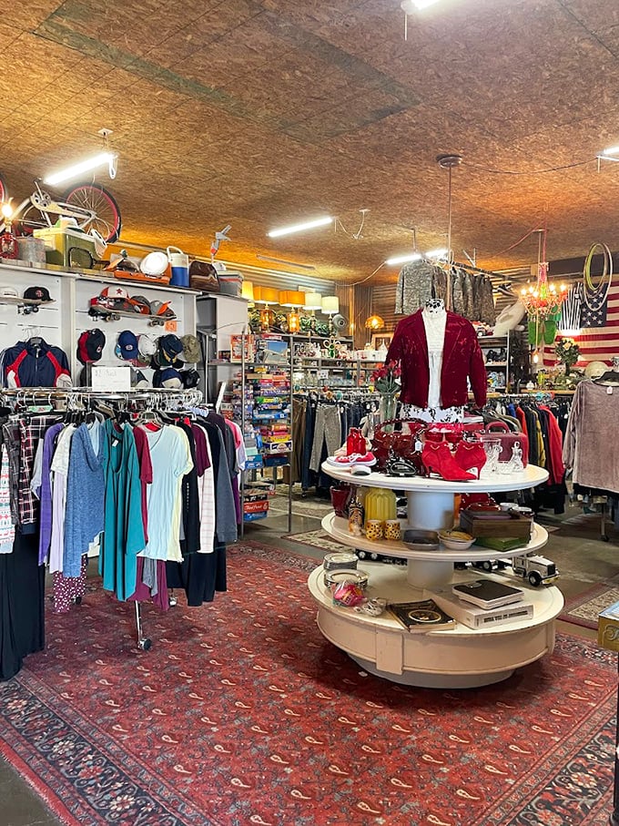 The red velvet blazer commands center stage, surrounded by everyday essentials&mdash;proof that thrifting delivers both practical finds and showstoppers.