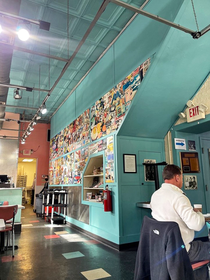 The turquoise walls and nostalgic decor create a time capsule where coffee tastes better and calories don't count.