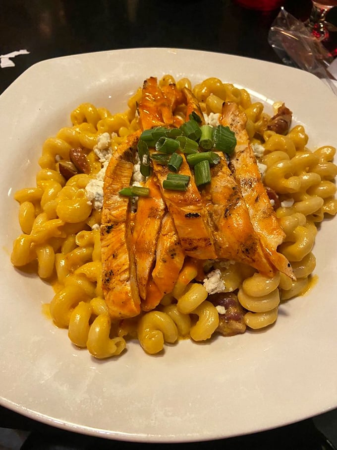 Mac and cheese that's clearly been to finishing school. Those grilled chicken slices on top turn comfort food into sophisticated comfort food.